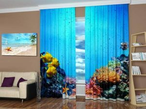 Modern Window Treatments with Art Prints Enhancing Travel Decor Theme